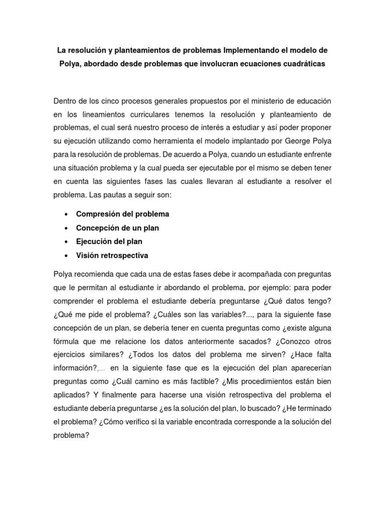 La Resolución y Planteamientos de Problemas Implementando El Modelo de Polya | PDF | Ecuaciones ...