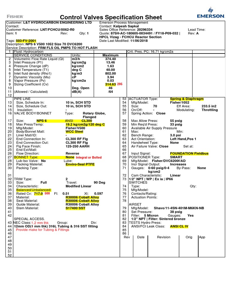 SPEC & SIZING Sheet - (1 To 9) - Reactor Section - EMERSON Offer PDF ...