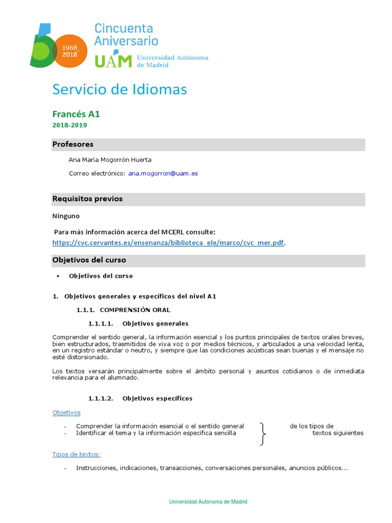 FRANCÉS A1 Guia Docente 2018 19 | PDF | Prueba (evaluación) | Lectura ...