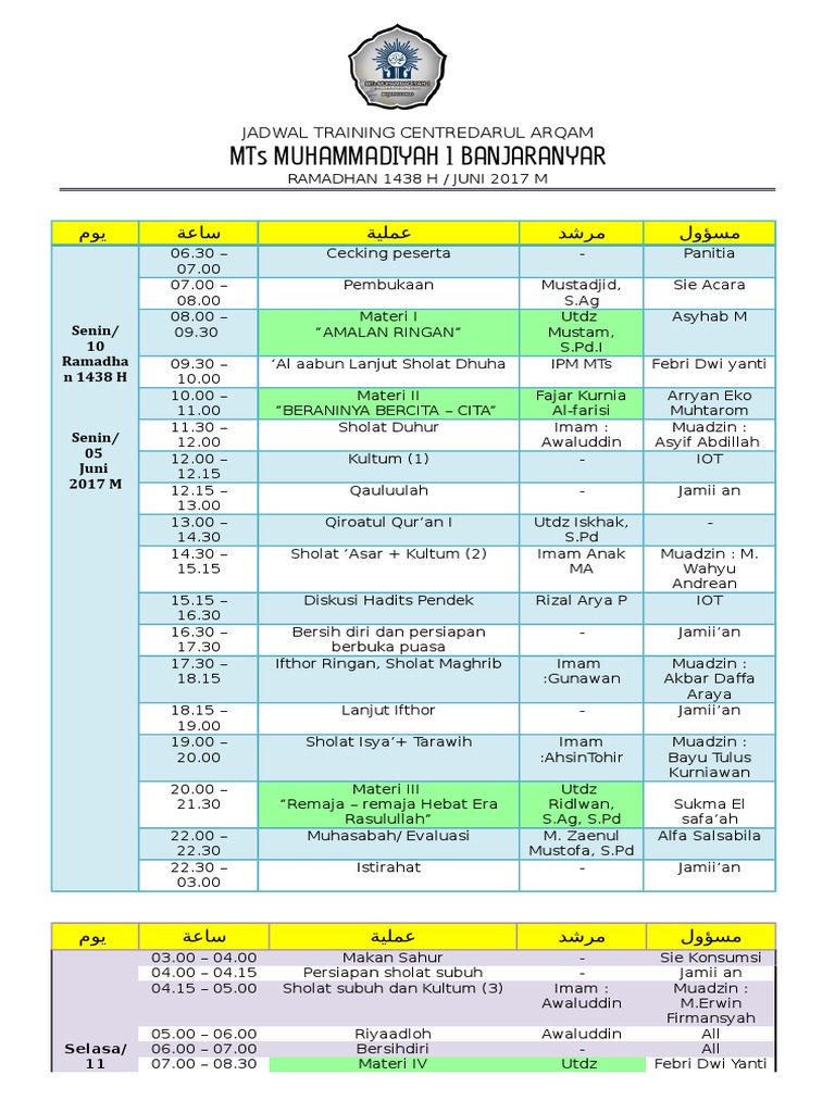 Jadwal Training Ramadhan MTs Muhammadiyah | PDF | Semitic Words And ...