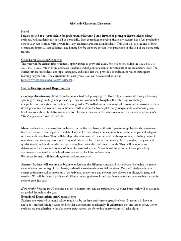 6th Grade Classroom Disclosures | PDF | Curriculum | Behavior Modification