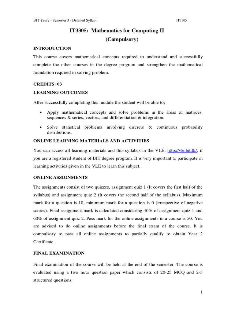 IT3305: Mathematics For Computing II (Compulsory) : BIT Year2 ...