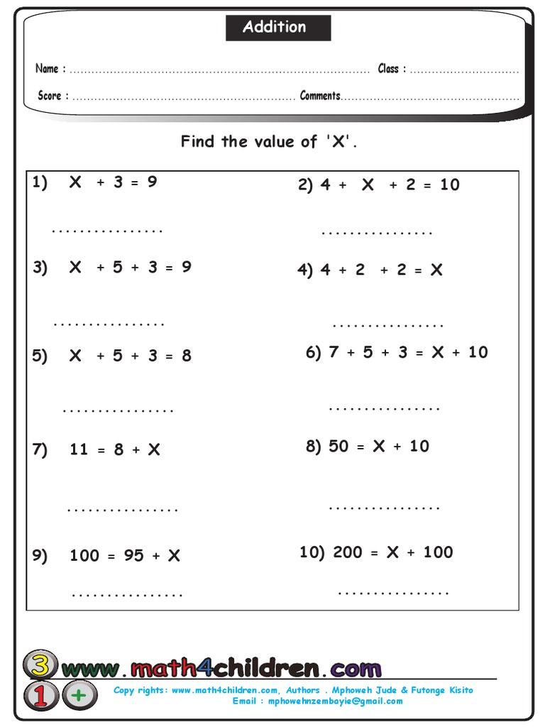 Solve for X in Addition Problems | PDF