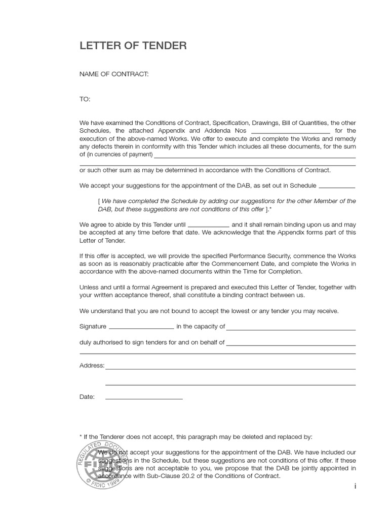 1999 FIDIC Green Book Letter of Tender | PDF | Legal Tender | Adjudication