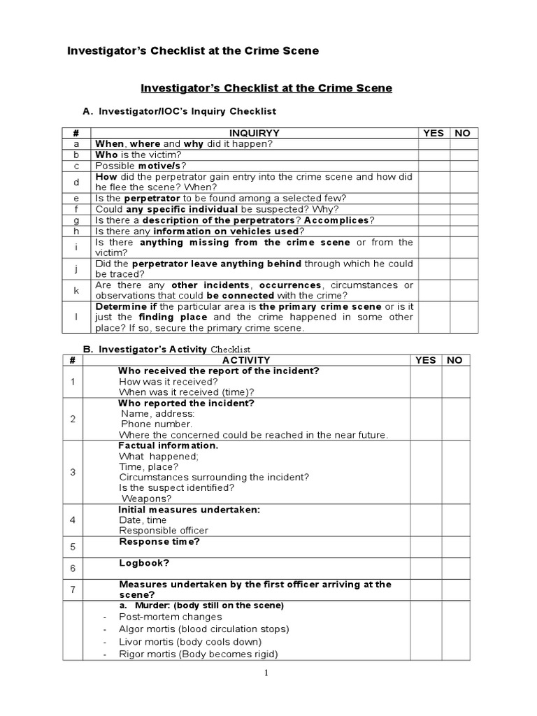 Investigator's Checklist at The Crime Scene | PDF | Crime Scene | Autopsy