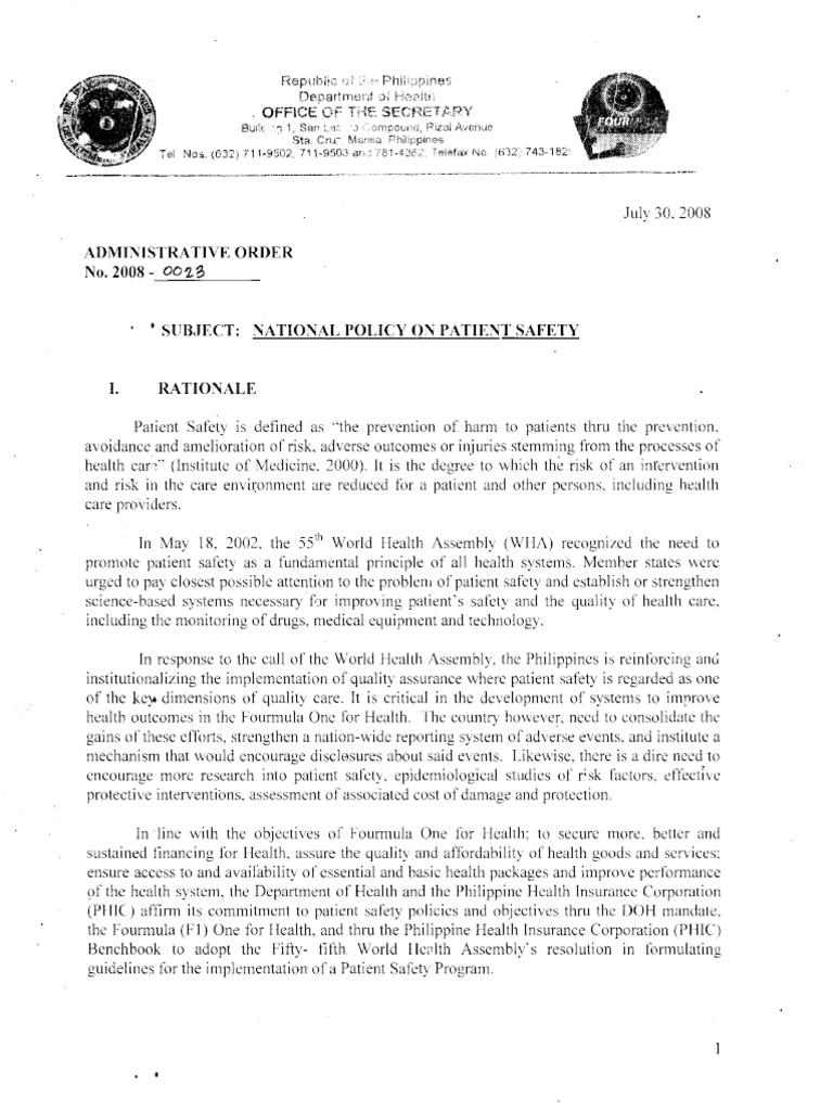 DOH-PH National Policy On Patient Safety | PDF
