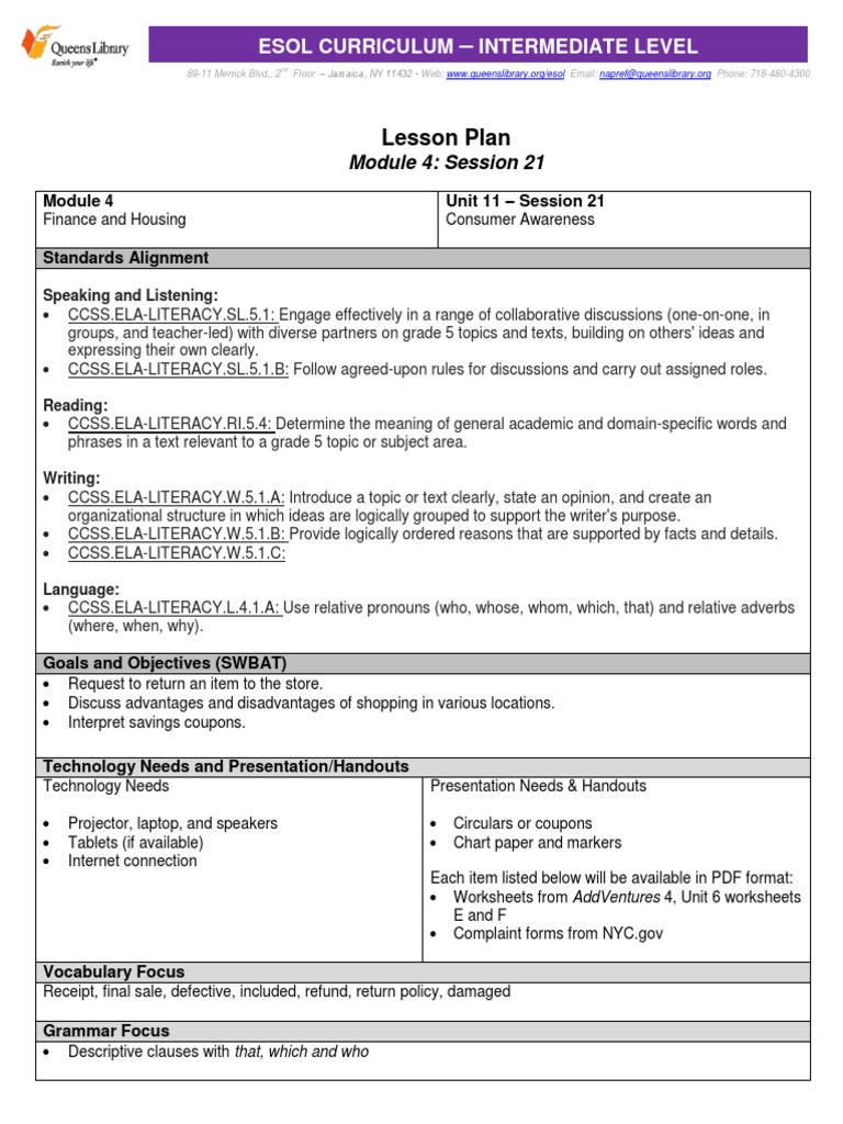 Lesson Plan: Esol Curriculum Intermediate Level | PDF | Coupon | Lesson ...