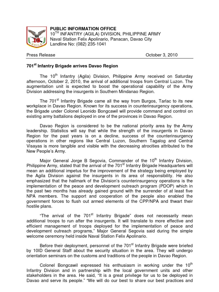 701st Infantry Brigade Arrives Davao Region | Download Free PDF ...