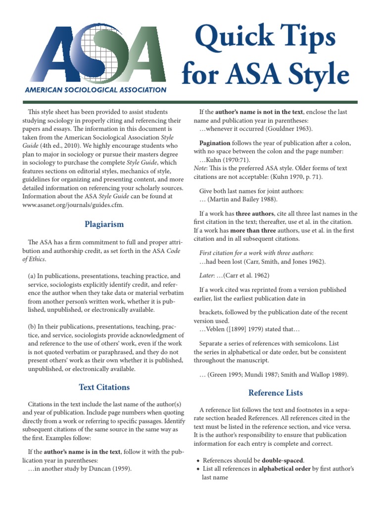 Handout - Quick Tips For ASA Style PDF | PDF | Citation | Written ...