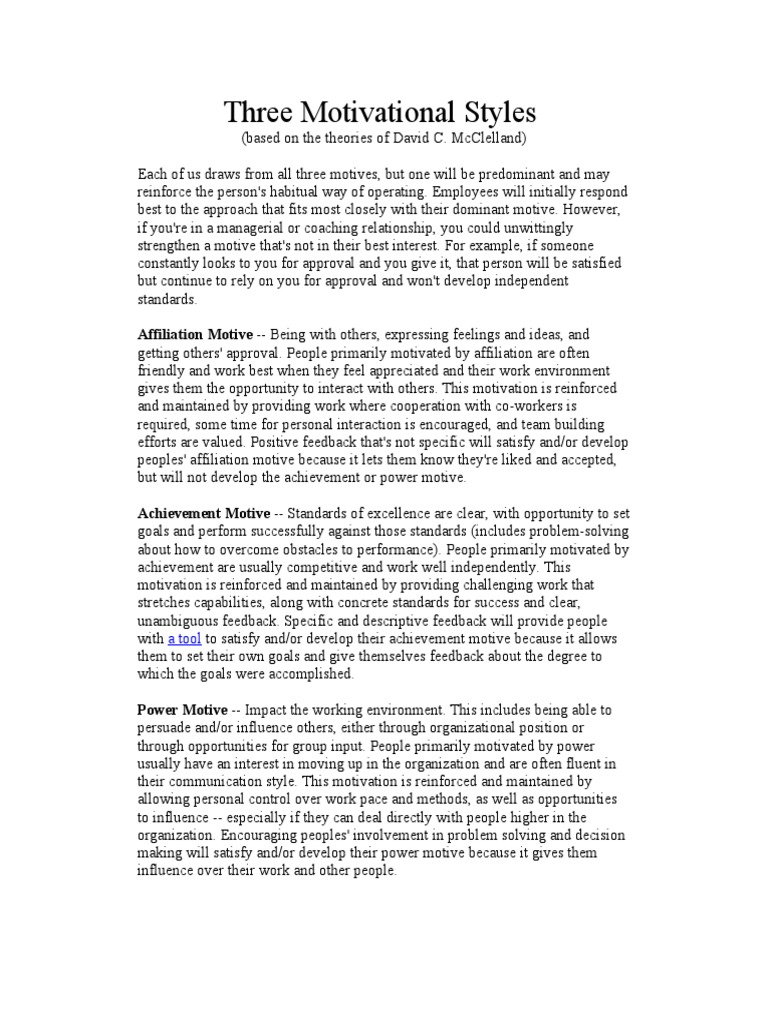 Understanding McClelland's Three Motivational Styles: Affiliation ...