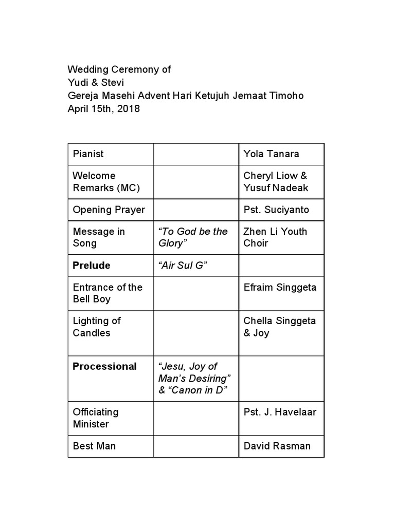 Yudi & Stevi Wedding Ceremony Rundown | PDF | Organized Events | Wedding