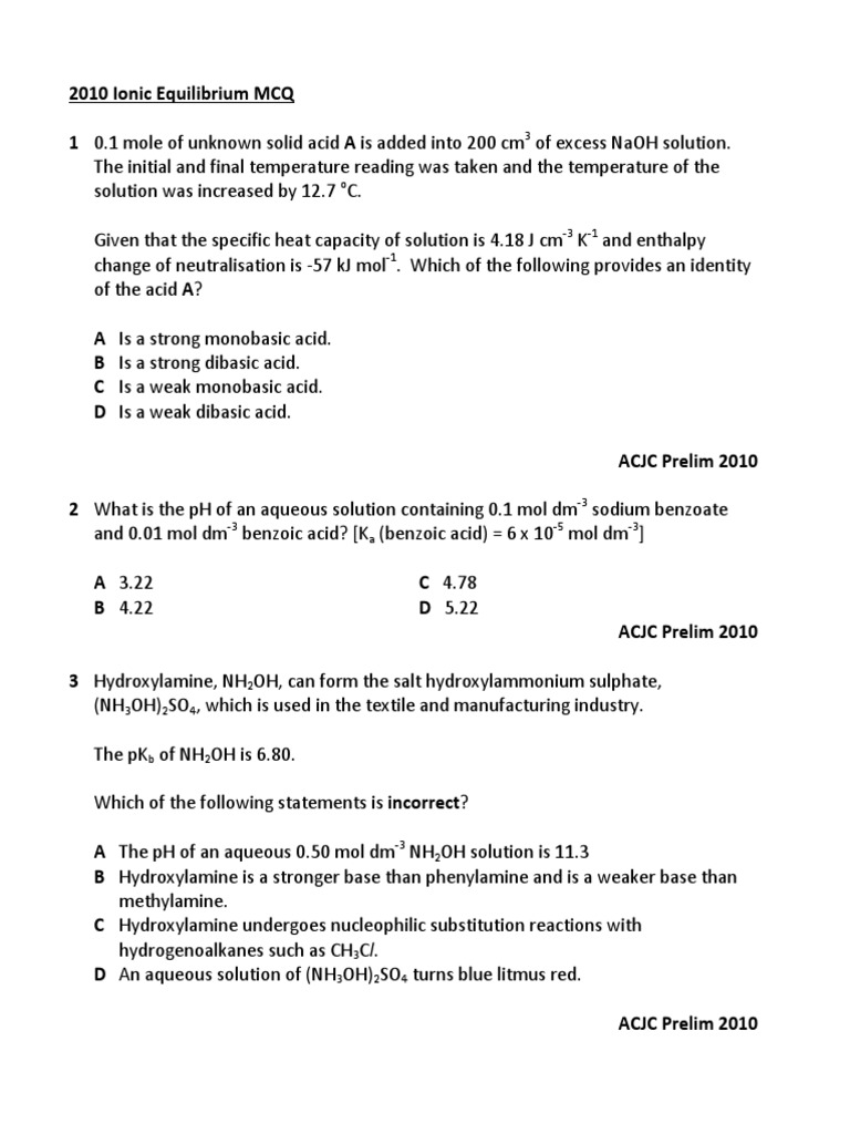 2010 Ionic Eqm MCQ PDF | PDF | Ph | Acid Dissociation Constant