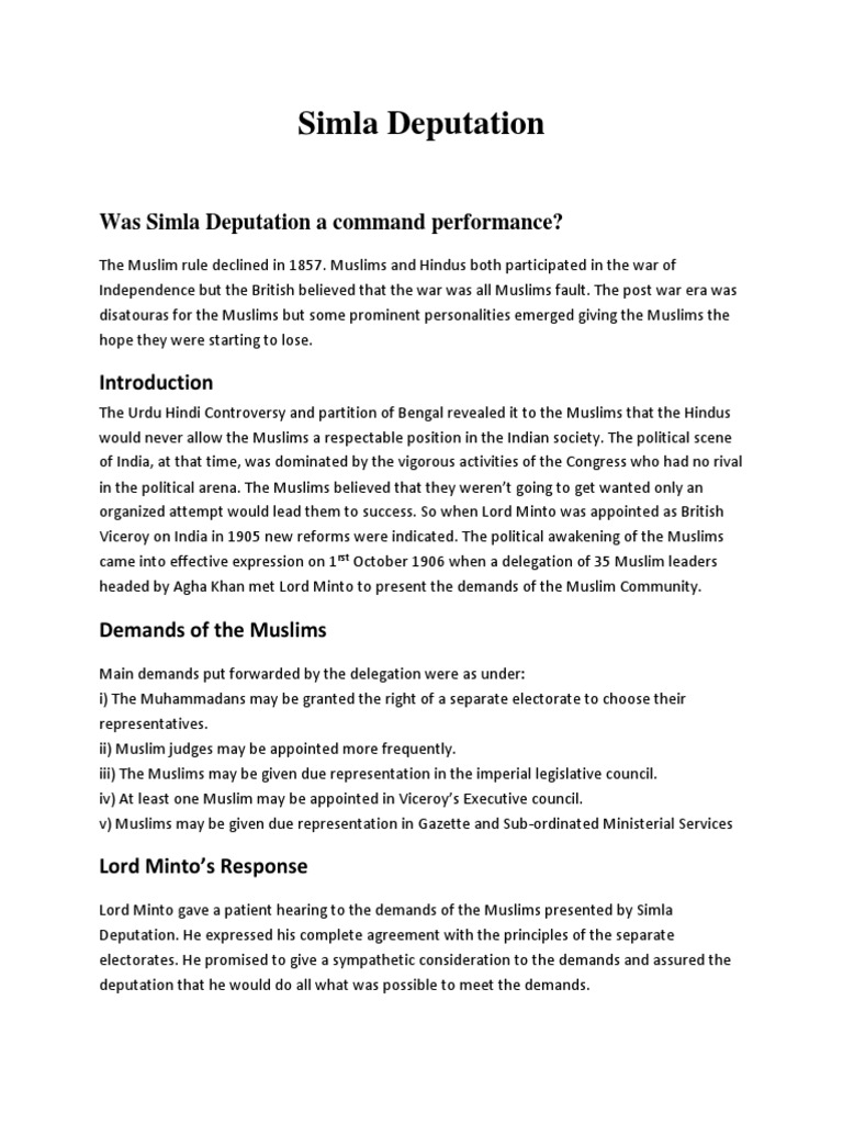 Simla Deputation.docx | British Raj | Partition Of India