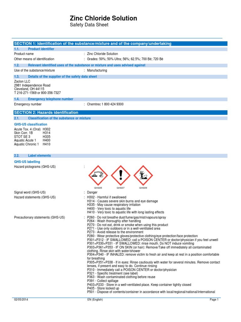 Zinc Chloride Solution Safety Data Sheet | PDF | Toxicity | Zinc