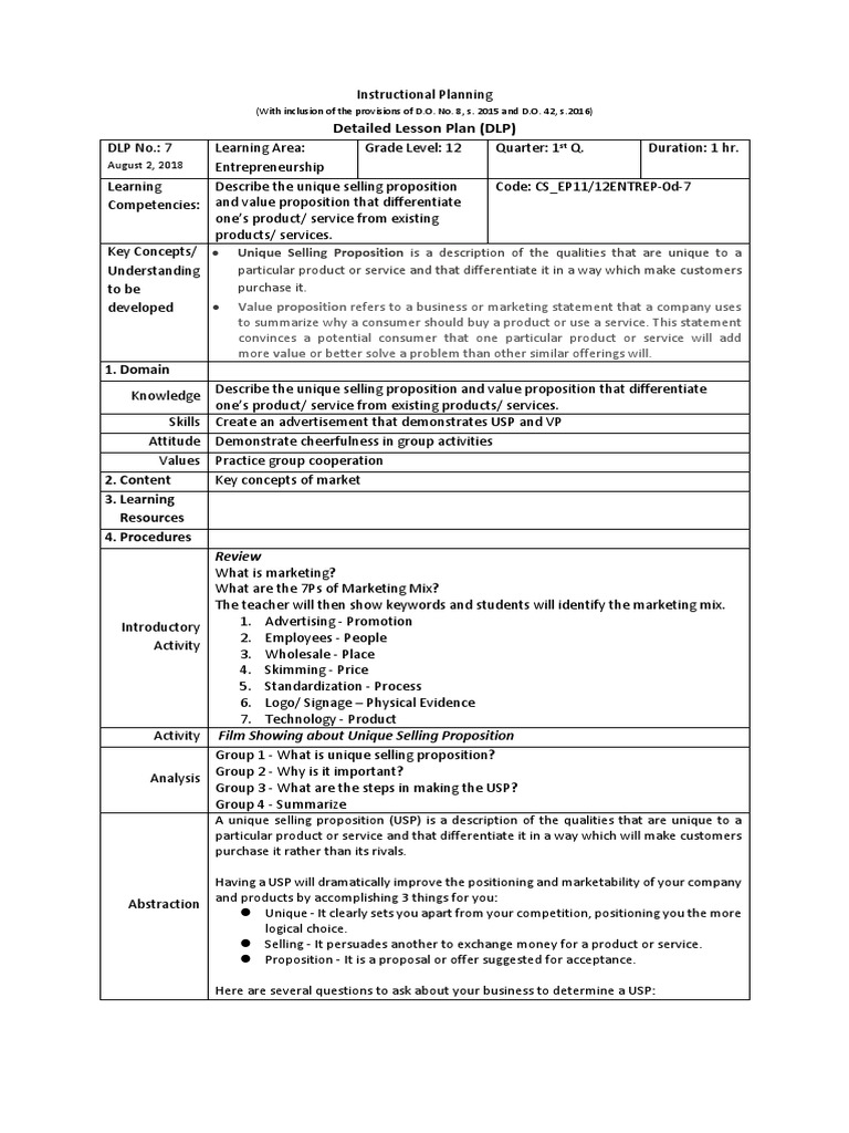DLP 7 - Unique Selling Proposition | PDF | Sales | Brand