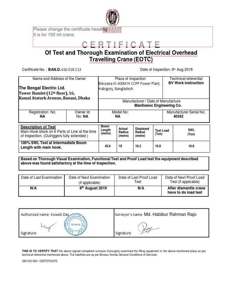Certificate: of Test and Thorough Examination of Electrical Overhead ...