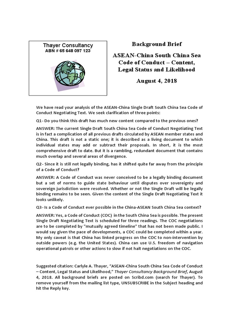 Thayer Asean China South China Sea Code Of Conduct Content Legal