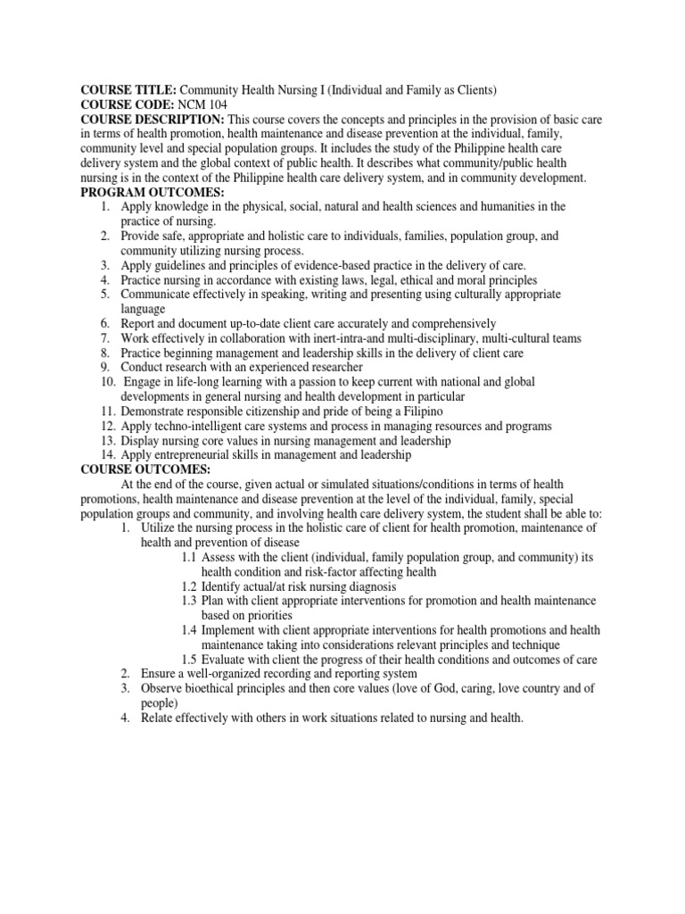 Community Health Nursing Course Description | PDF | Nursing | Community