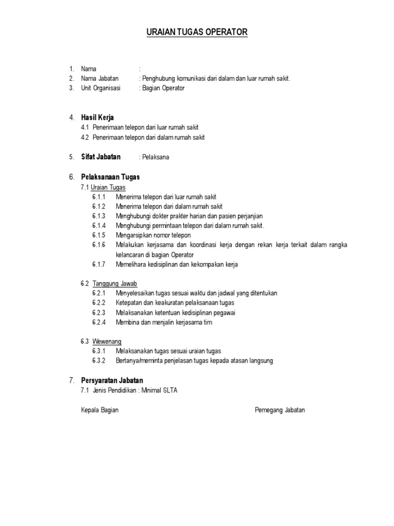Uraian Tugas Operator | PDF