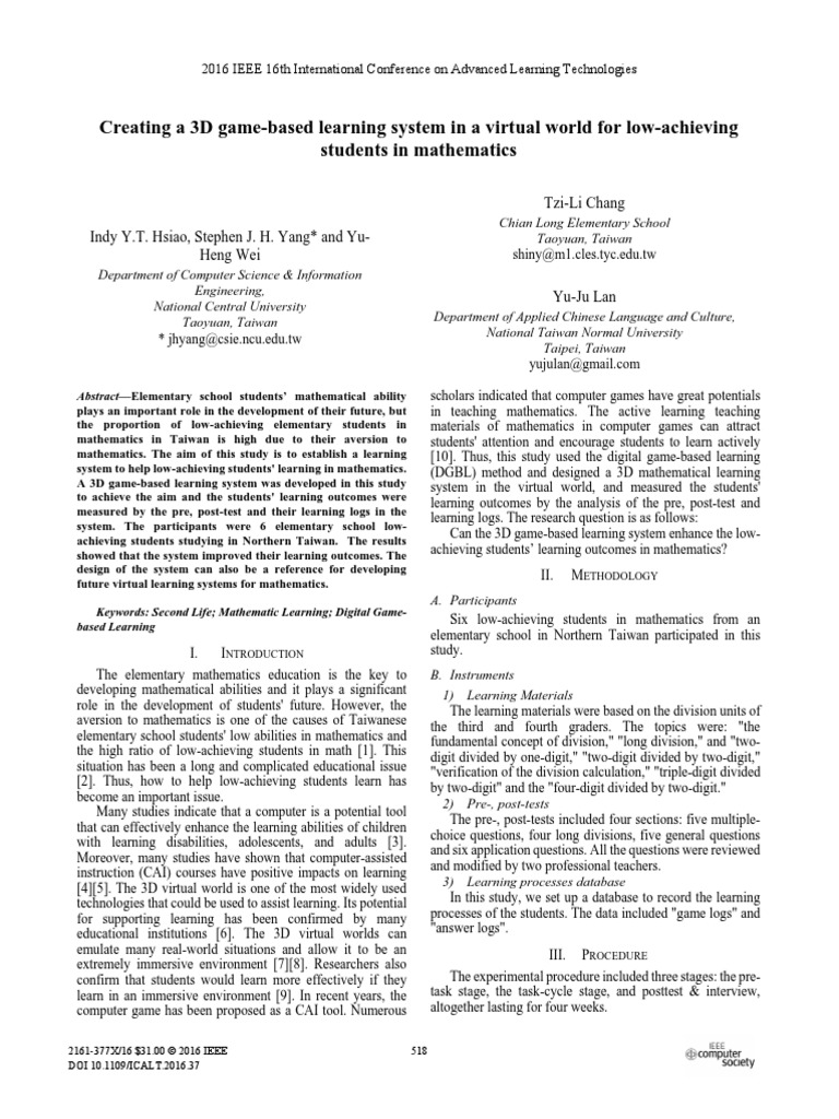 Creating A 3D Game-Based Learning System in A Virtual World For Low ...