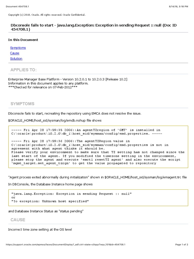 Dbconsole Fails To Start - Java - Lang.exception - Exception in Sending Request - Null (Doc ID ...