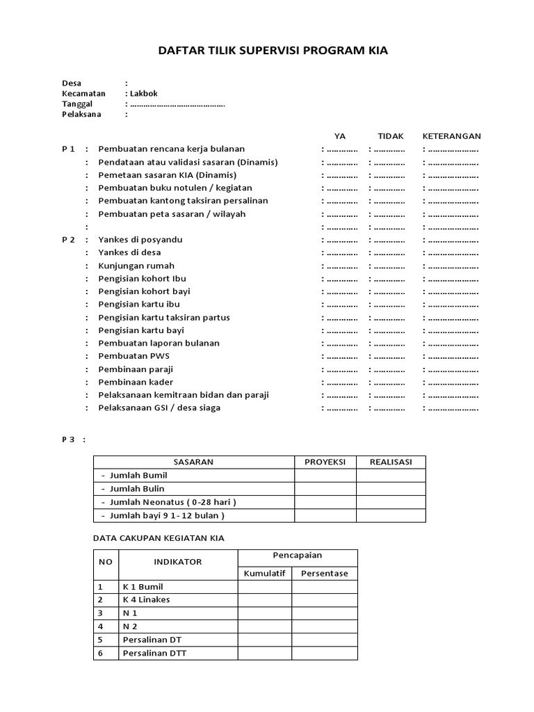 Daftar Tilik Supervisi Program Kia | PDF
