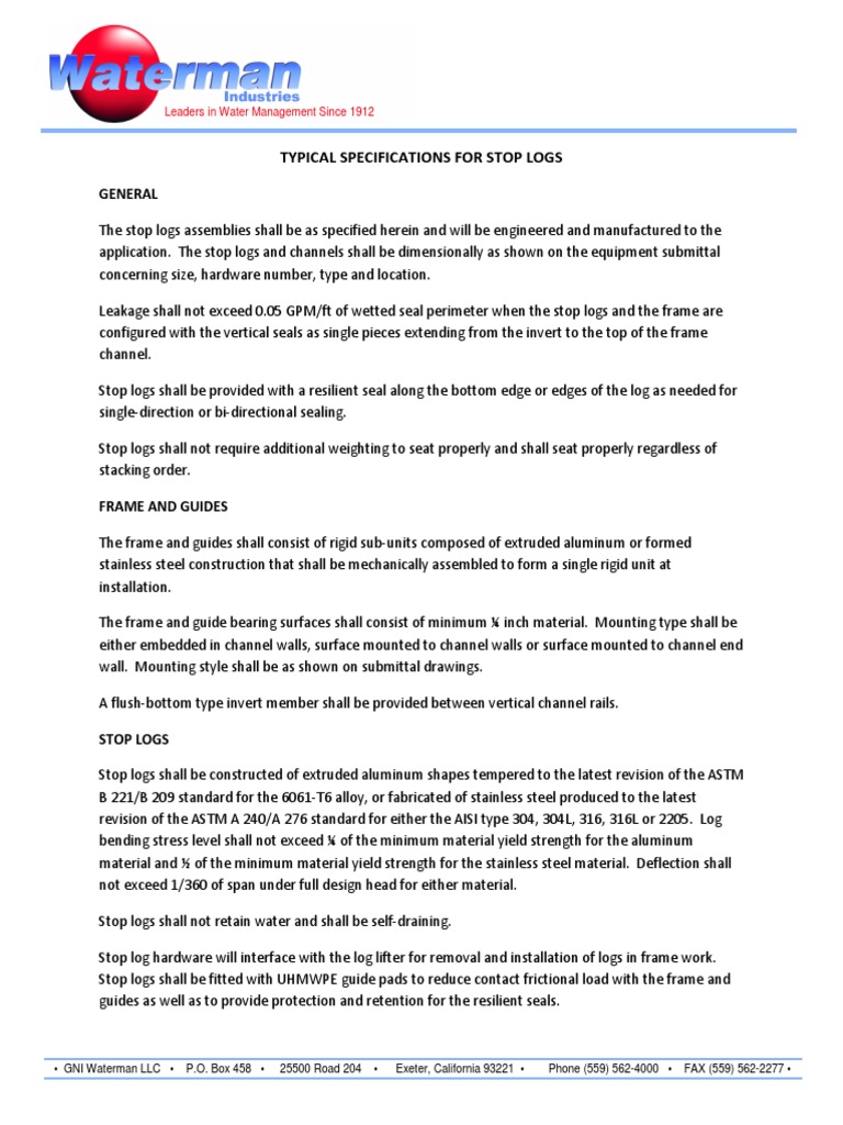 Typical Specifications For Stop Logs: Leaders in Water Management Since ...