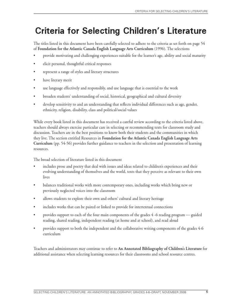 Criteria for Selecting Children's Literature | PDF | Curriculum ...