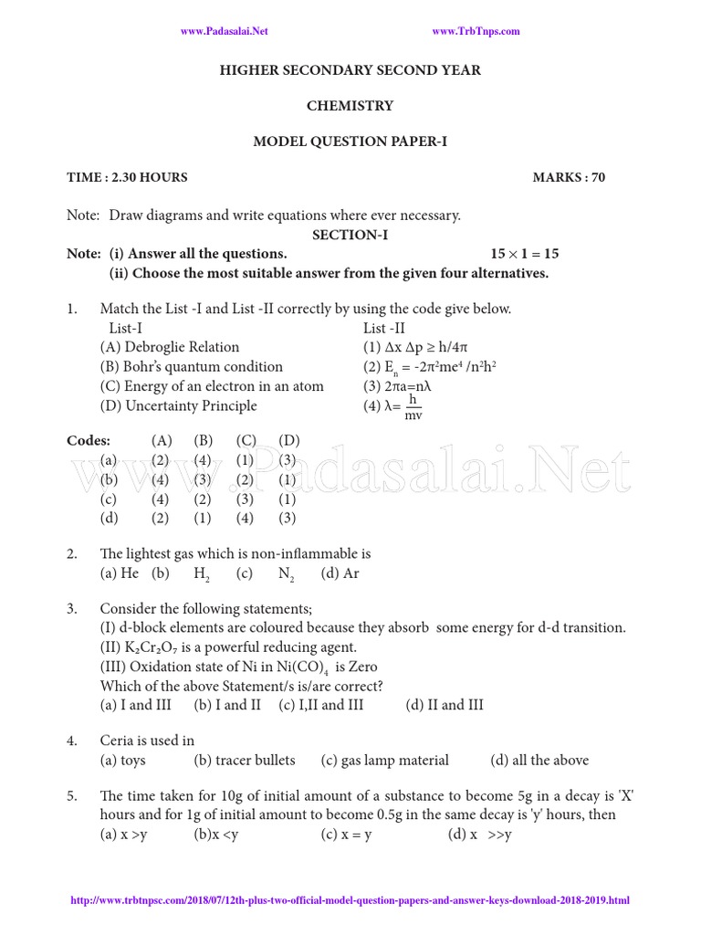 12th Chemistry Public Exam Official Model Question Paper 2018 2019 ...