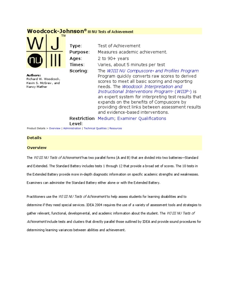 Woodcock Johnson Achievement Test | PDF | Learning Disability | Reading ...