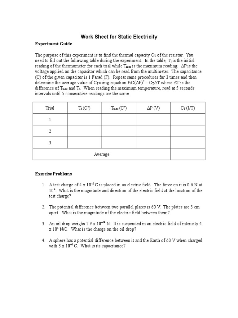 Static Electricity Experiment Worksheet | PDF