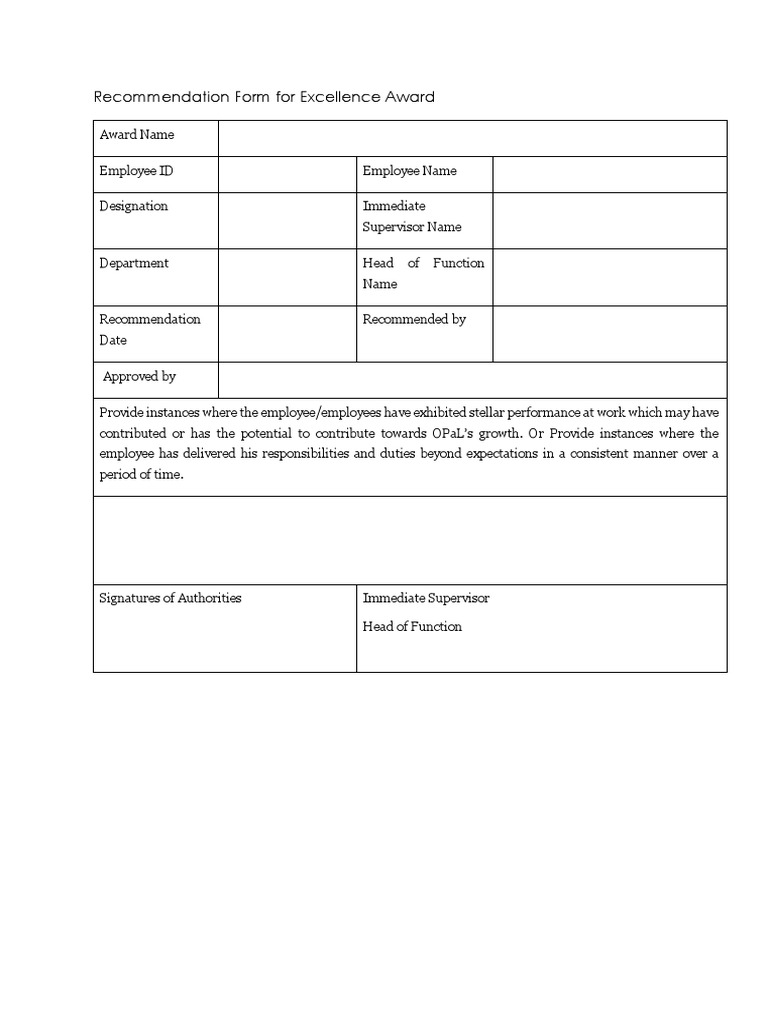 Recommendation Form For Excellence Award | PDF