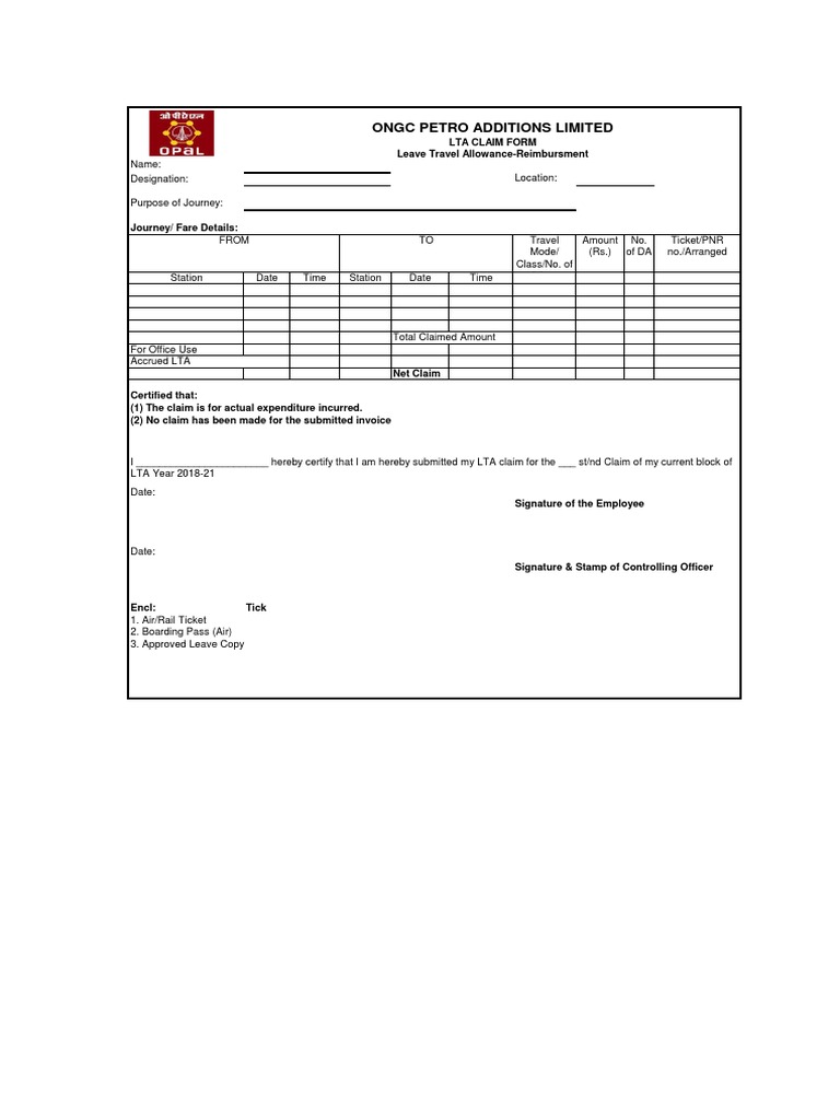 LTA Claim Form for Reimbursement | PDF | Finance & Money Management