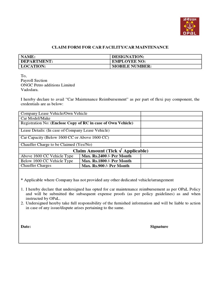 Car Maintenance Reimbursement Claim Form | PDF