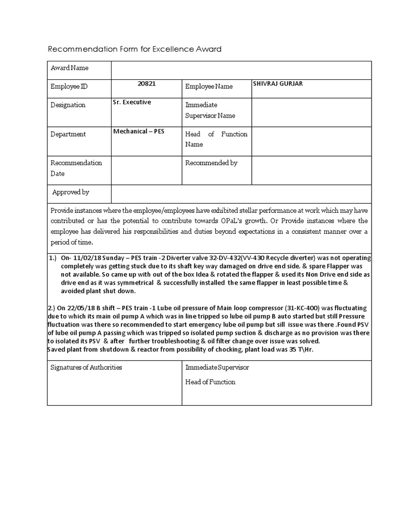 Recommendation Form For Excellence Award | PDF