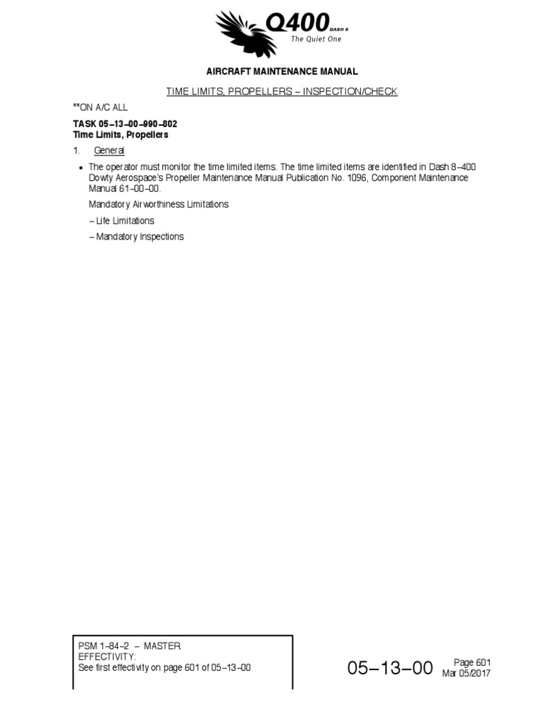 Time Limits, Propellers Inspection/Check: Aircraft Maintenance Manual | PDF