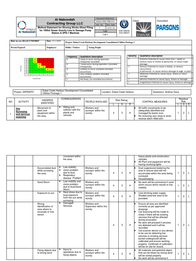 Risk Assessment For Sheet Piling | PDF | Traffic Collision | Surveying