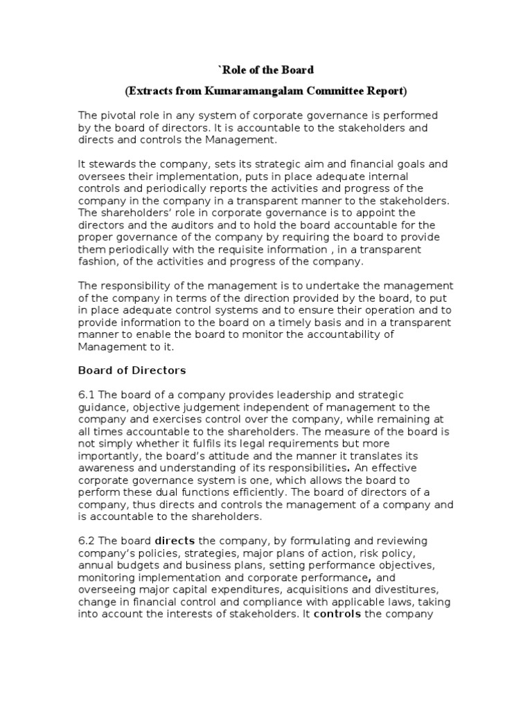 Reading On Role of The Board | PDF | Board Of Directors | Corporate ...