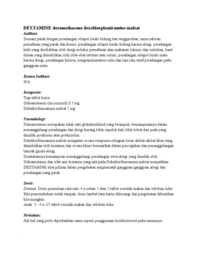 DEXTAMINE Dexamethasone Dexchlorpheniramine Maleat | PDF