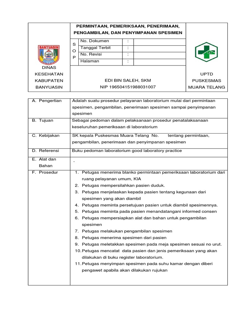 B Sop Permintaan, Pemeriksaan, Penerimaan, Pengambilan, Dan Penyimpanan Spesimen | PDF
