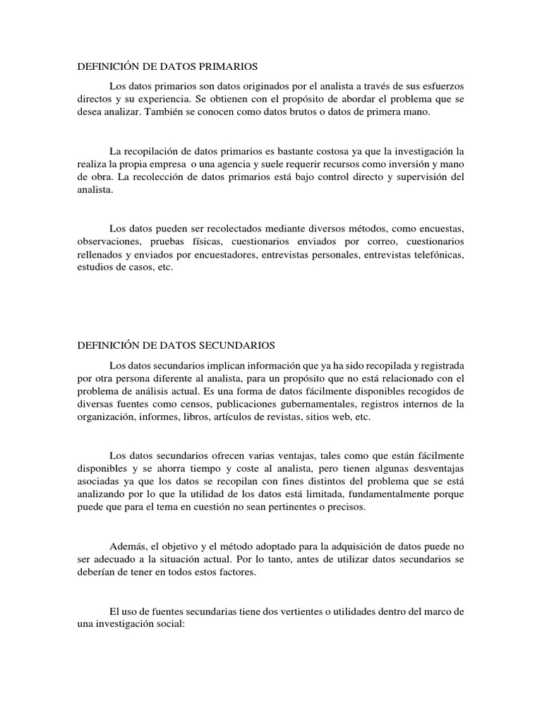 Definición Datos Primarios y Secundarios | PDF | Cuestionario | Science