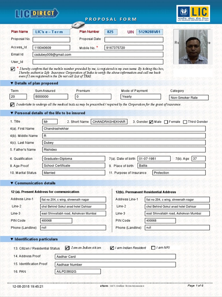 Chandrashekhar LIC 1193406093228forms | PDF | Life Insurance | Insurance