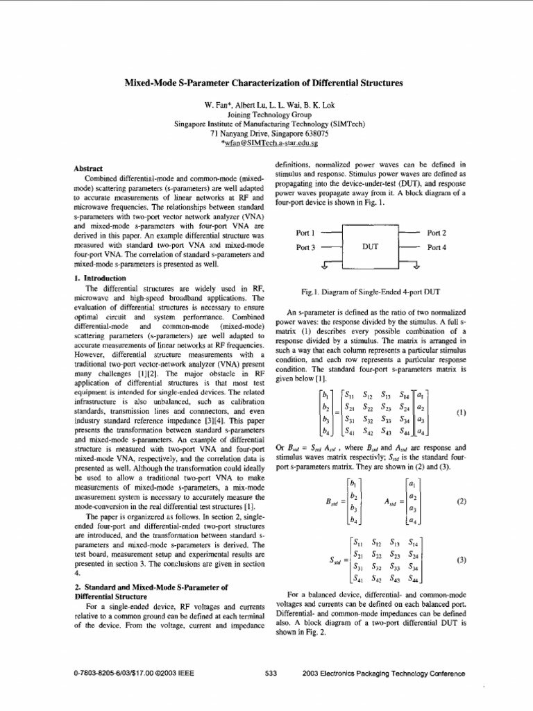 Mixed-Mode S-Parameter Characterization of Differential Structures ...
