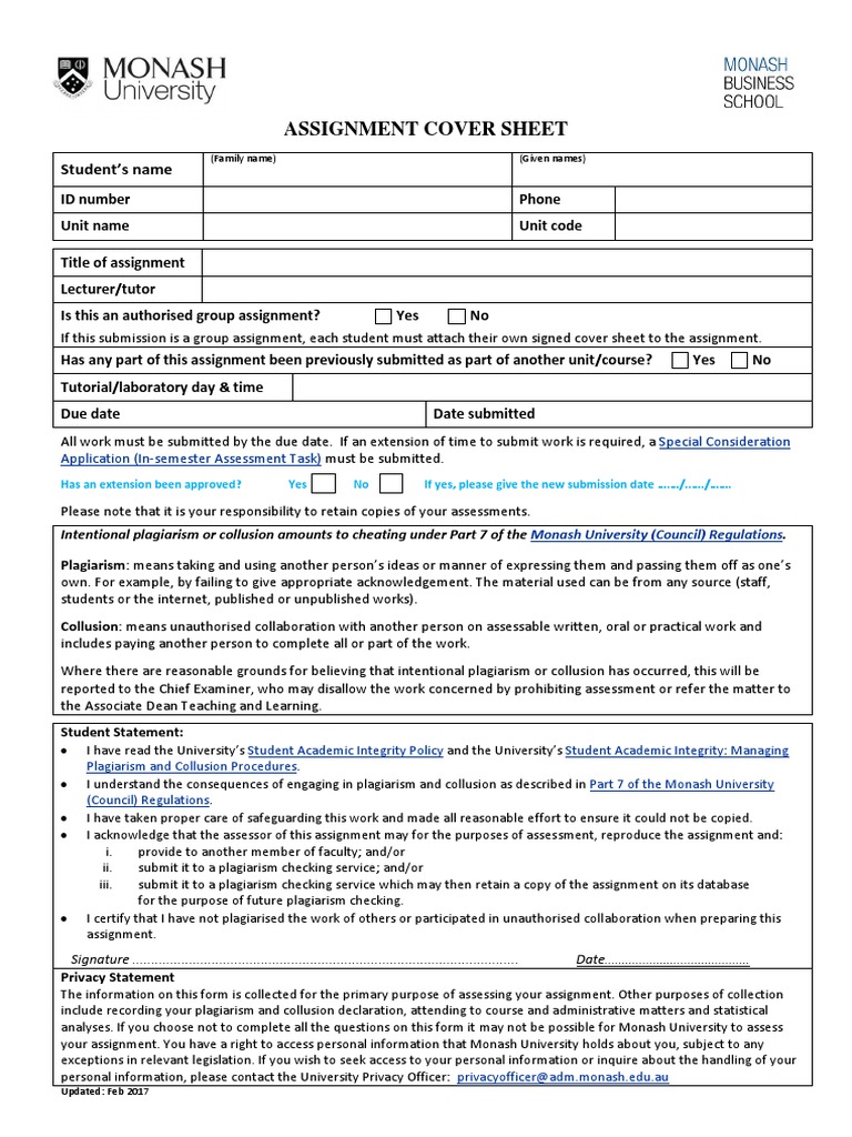 Student Assignment Cover Sheet: Ensuring Academic Integrity Through ...