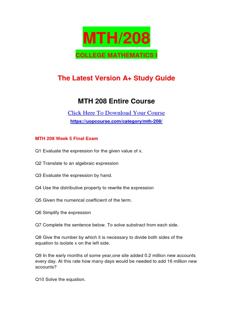MTH 208 Week 5 Final Exam | PDF | Equations | Algebra