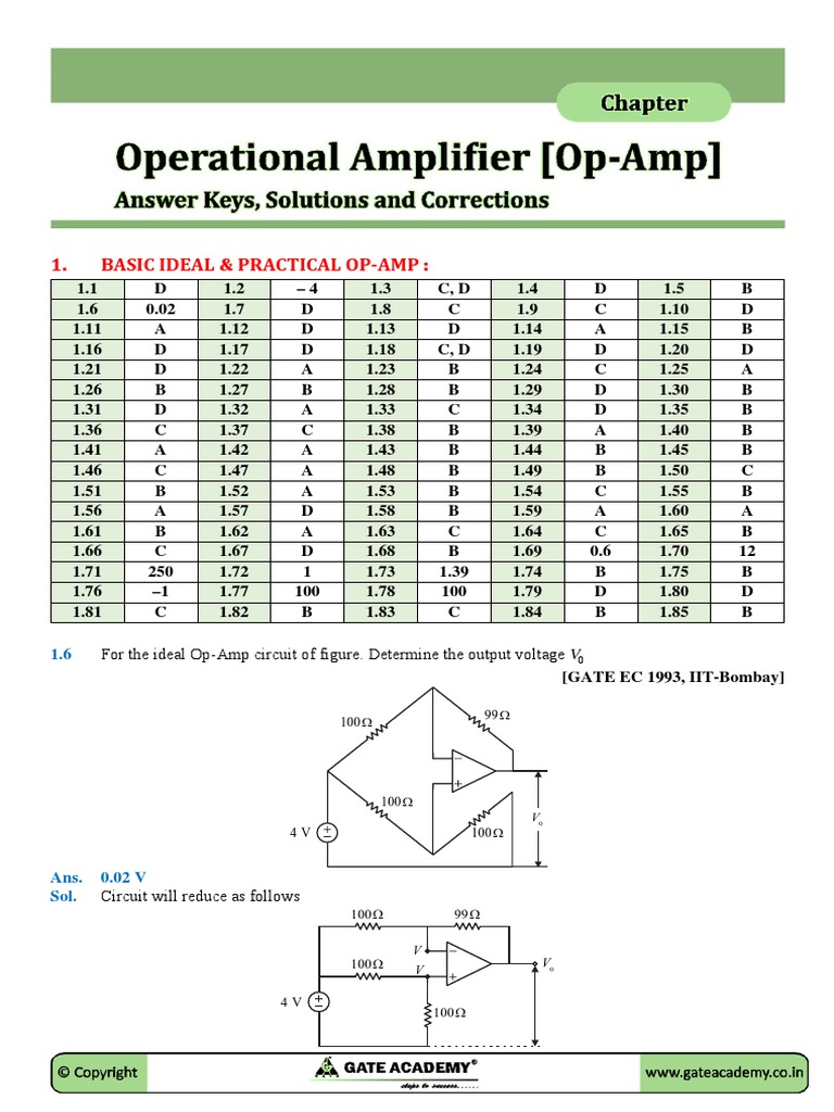 Op-Amp - Part - 1 Answer + Correction + Sol PDF | PDF | Operational ...