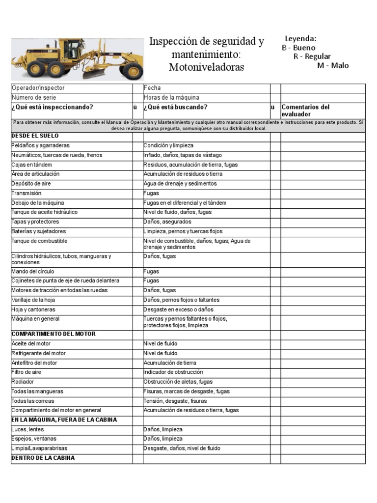 Material Checklist Inspeccion Motoniveladoras Caterpillar | PDF ...