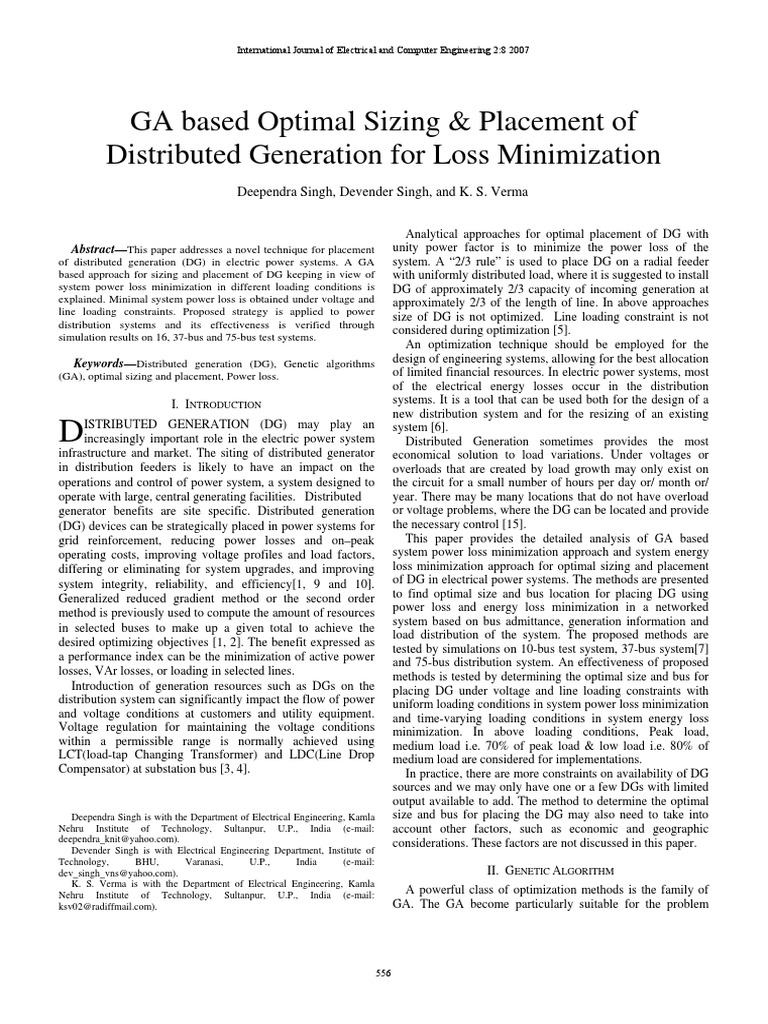 GA Based Optimal Sizing & Placement of Distributed Generation For Loss Minimization | PDF ...