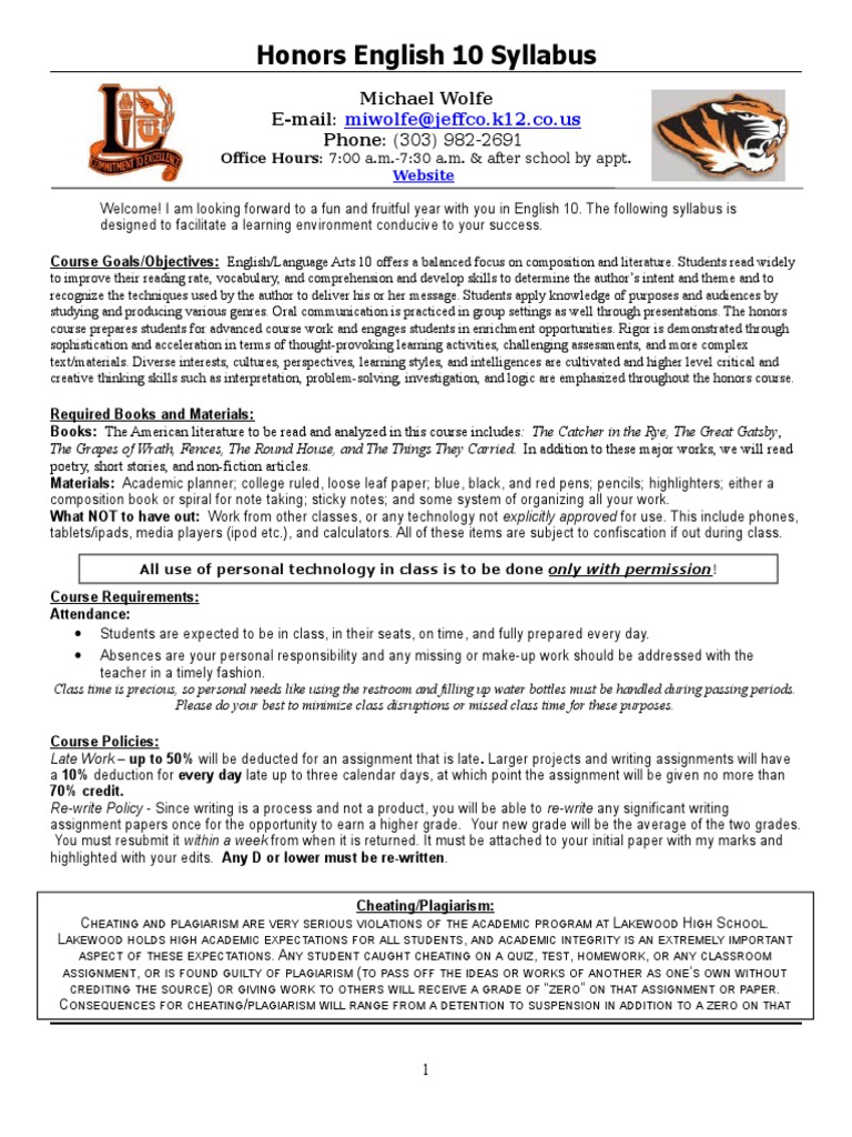 Honors English 10 Syllabus Overview | PDF | Homework | Teachers