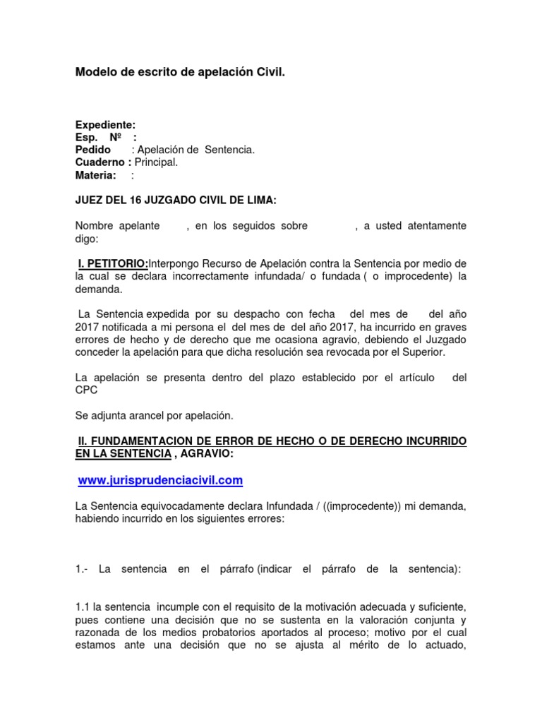 Modelo de Escrito de Apelación Civil | Apelación | Caso de ley